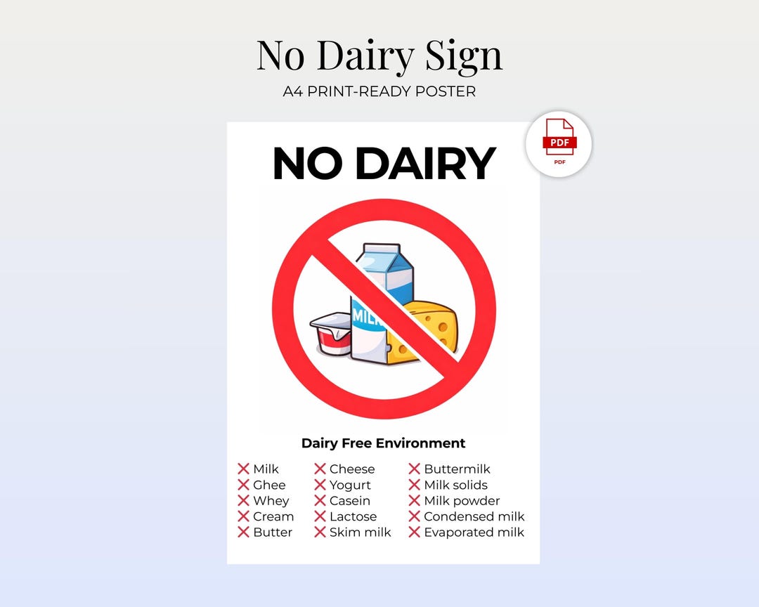 No Dairy Sign Printable A4 | Dairy Free Environment Poster | Dairy ...
