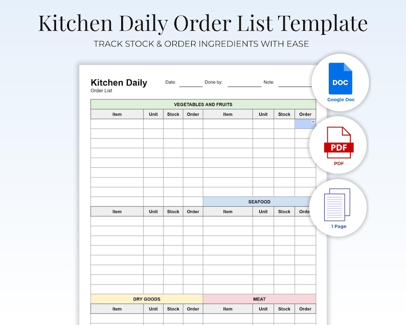 Kitchen Daily Order List Template | Food Stock & Order Sheet for Chefs ...