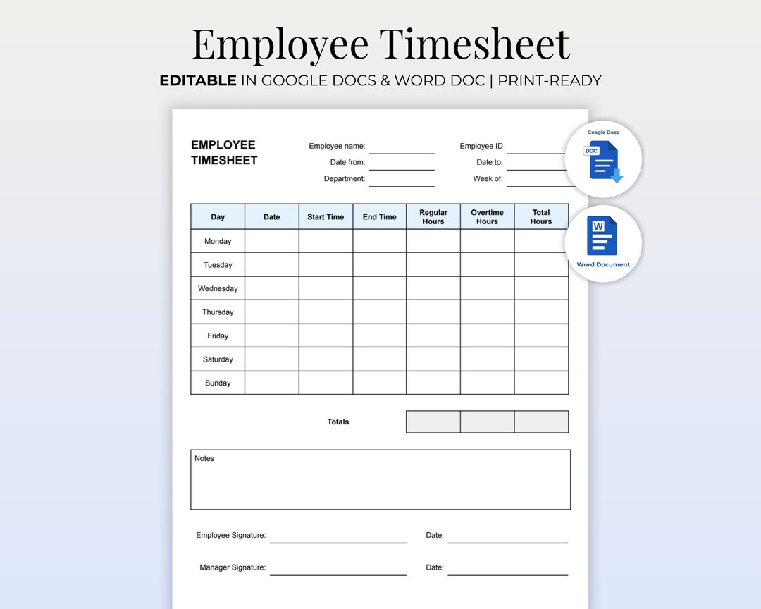 Employee Time Sheet | Editable Timesheet Template | Printable Timecard ...