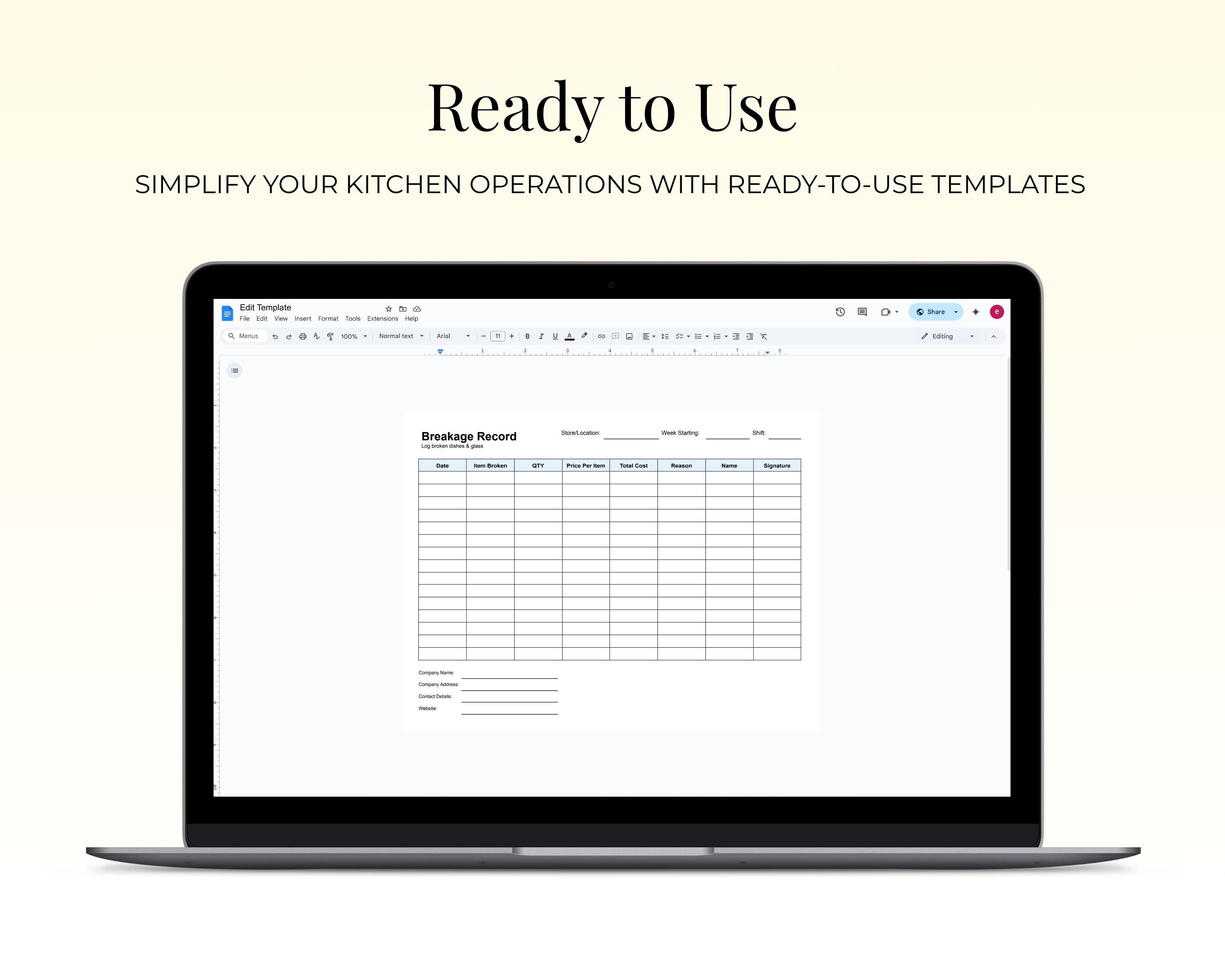 Breakage Record Log Sheet | Broken Dish & Glass Tracking Form | Kitchen ...