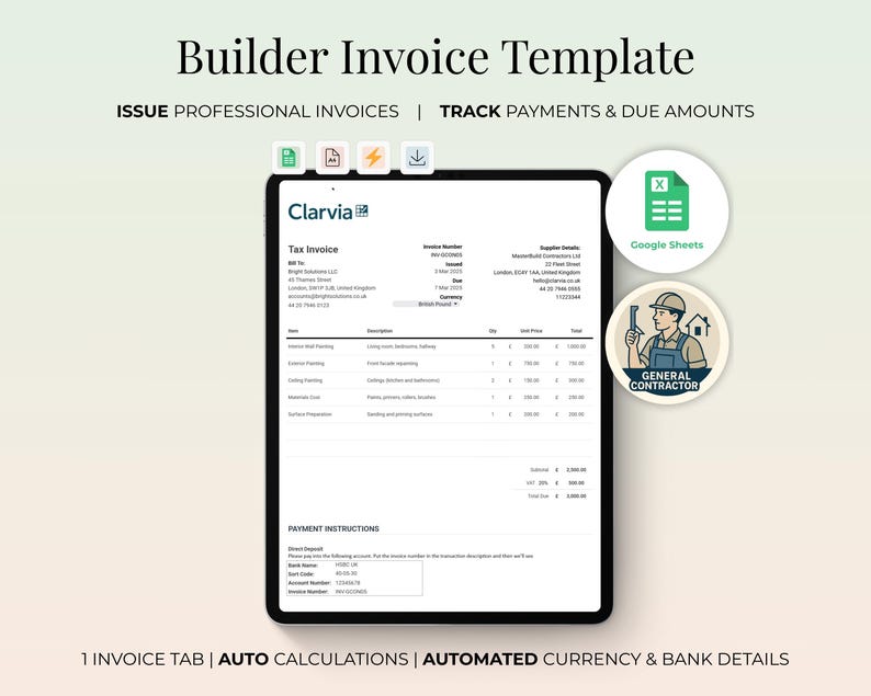 Contractor Builder Invoice Template | Google Sheets | Editable | Auto ...