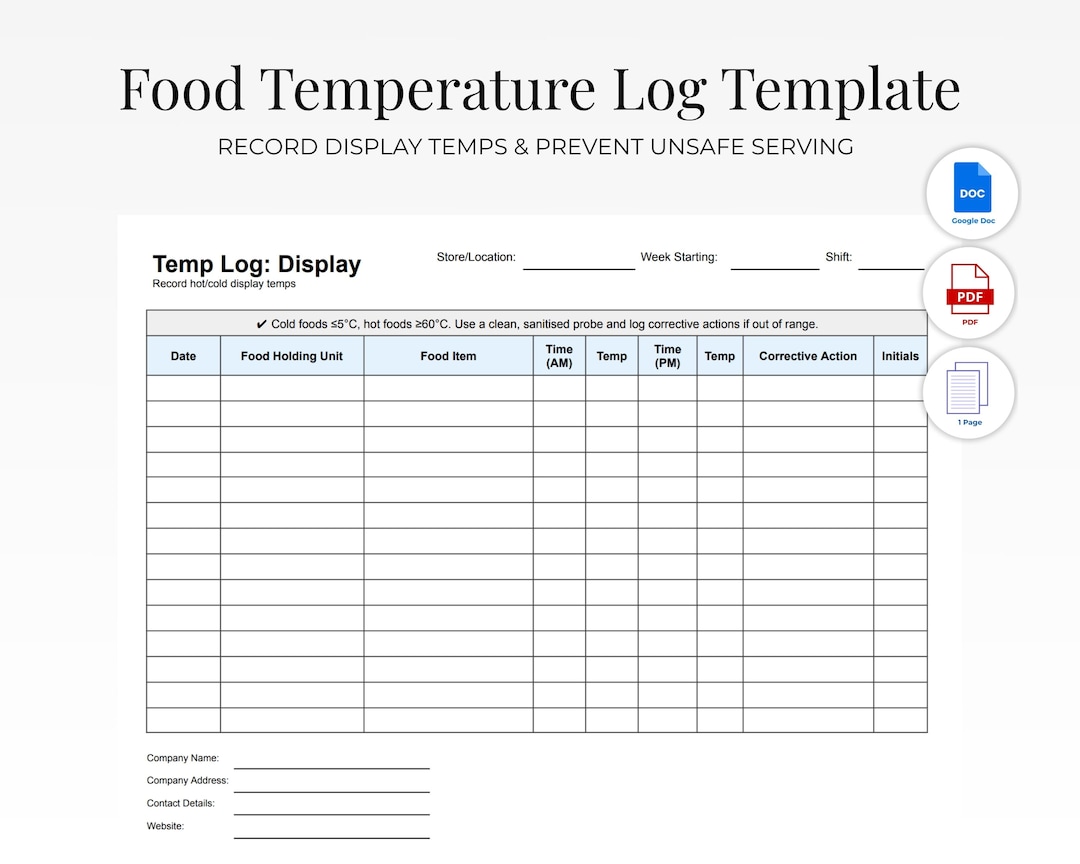 Hot & Cold Food Temperature Log | Display Temp Record Sheet for Am/pm ...