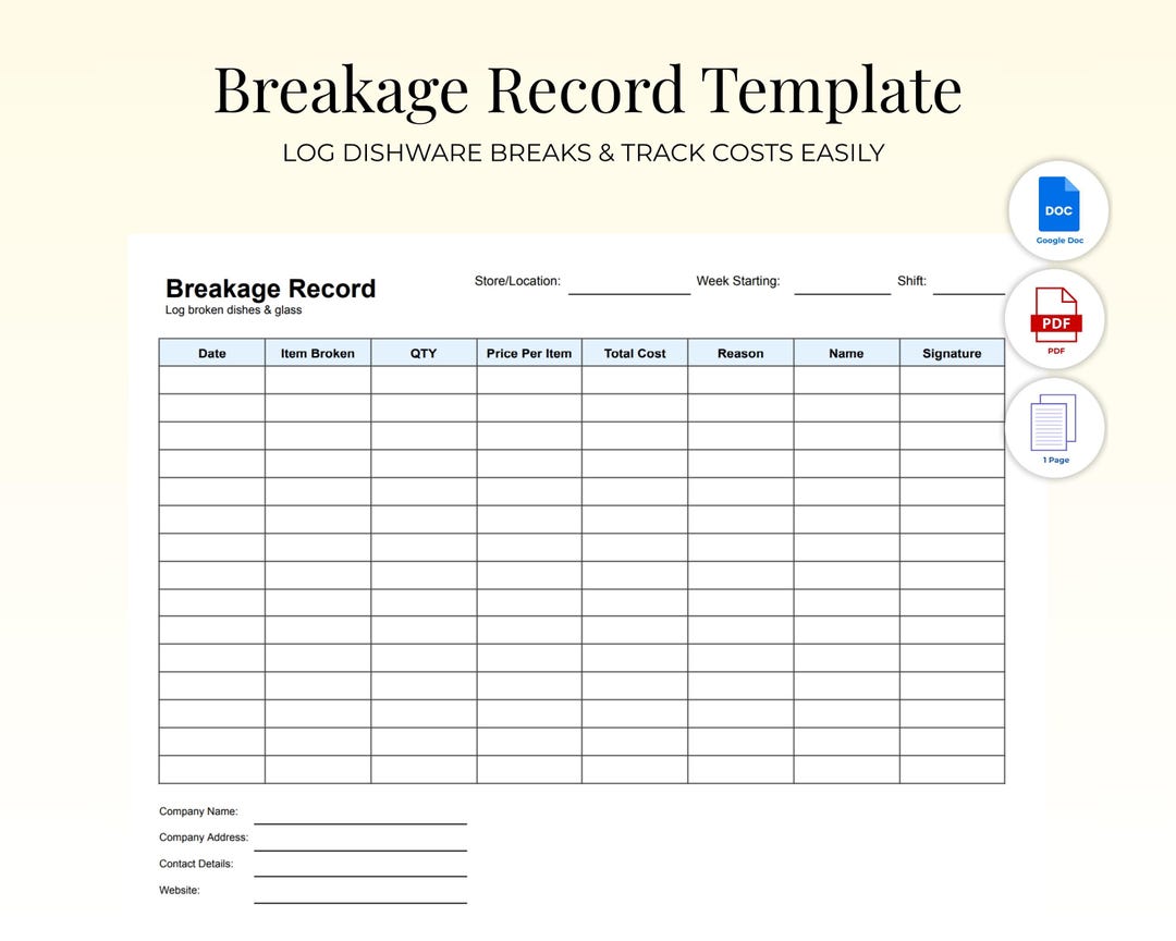 Breakage Record Log Sheet | Broken Dish & Glass Tracking Form | Kitchen ...