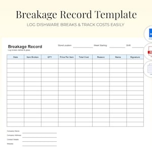 Breakage Record Log Sheet | Broken Dish & Glass Tracking Form | Kitchen Staff Log Template ...