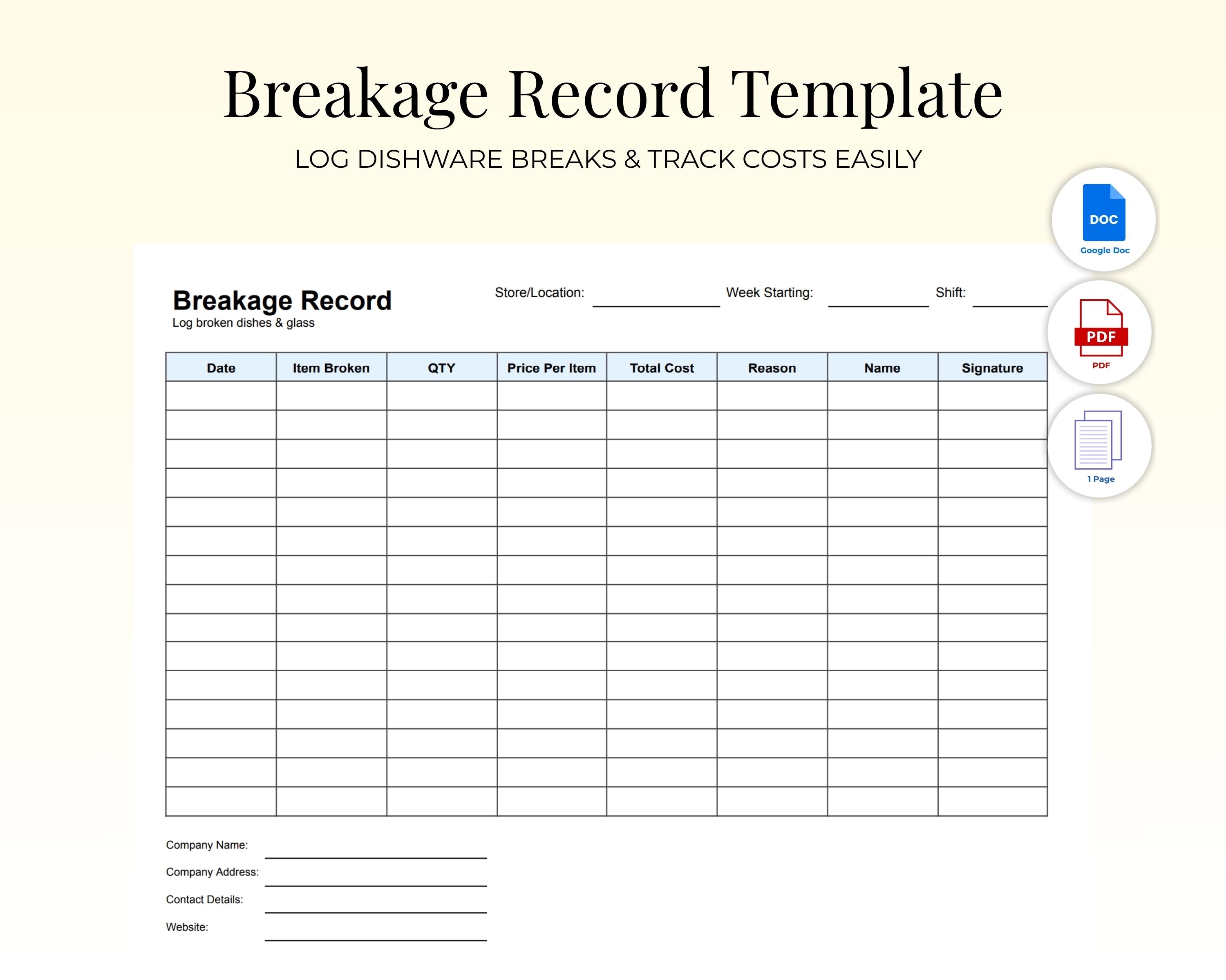 Breakage Record Log Sheet | Broken Dish & Glass Tracking Form | Kitchen Staff Log Template ...
