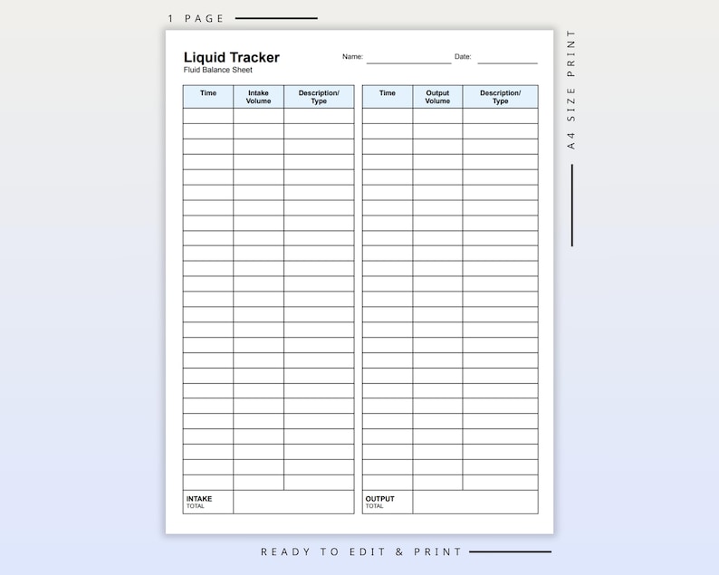 Fluids Intake and Output Record | Fluid Balance Chart | Intake Output ...