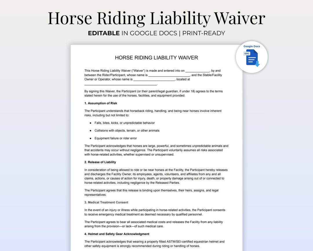 Editable Horse Riding Liability Waiver (google Docs) | Equestrian ...