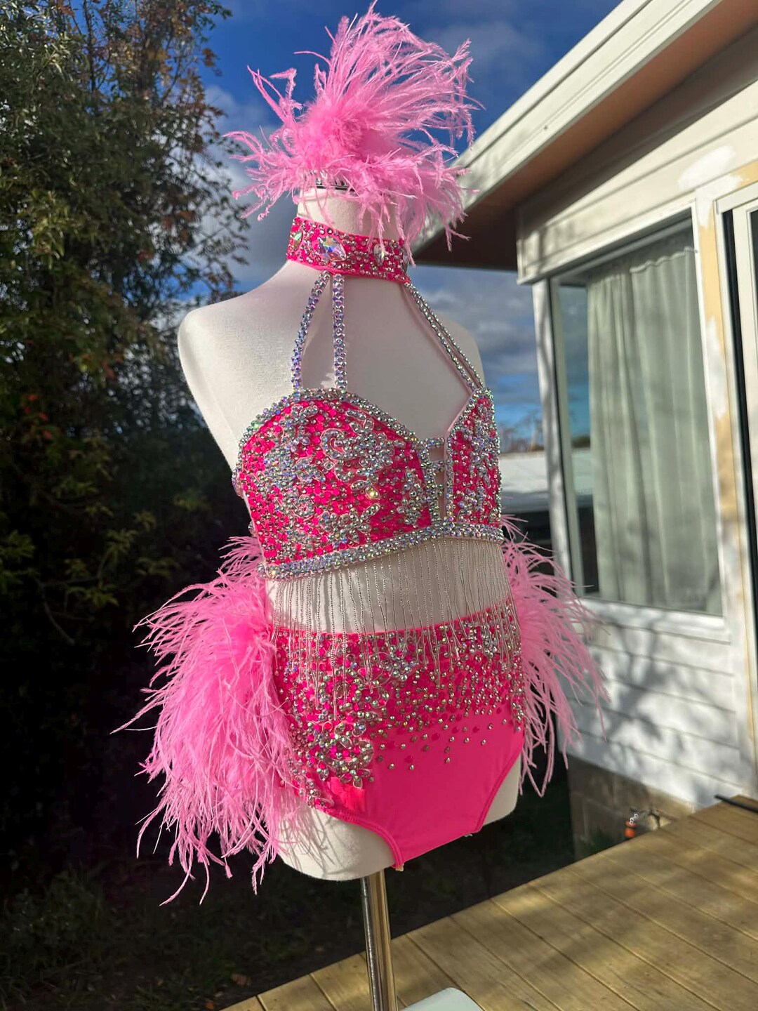 Rhinestone Ostrich Feather Showgirl Costume: Hot Pink Halter, Headpiece ...