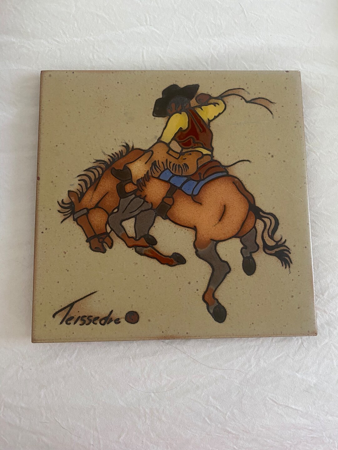 Cleo Teissedre Wall Tile, Wall Decor, Coaster, Trivet, Cowboy Bronc ...