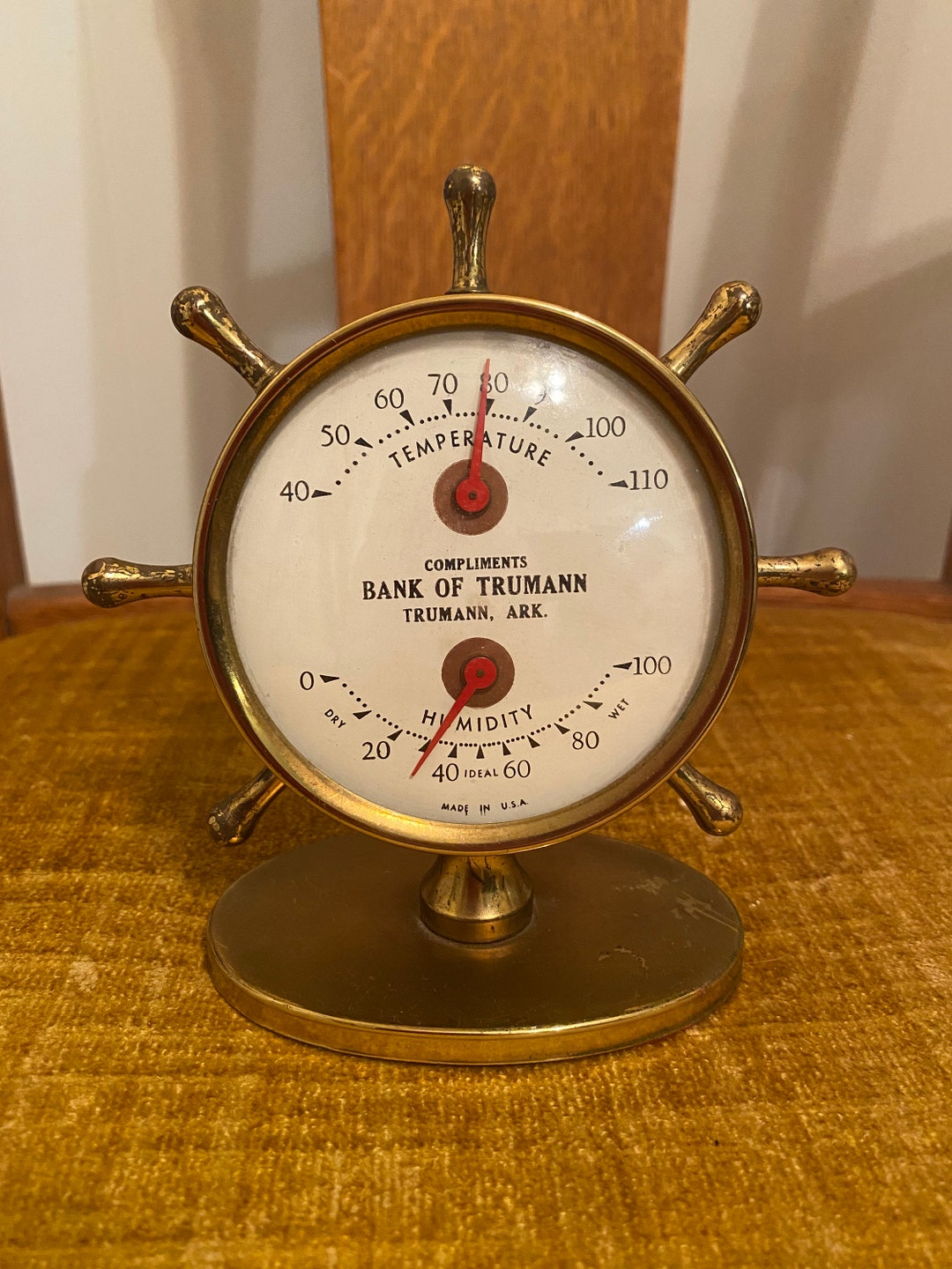 Nautical Brass Helm Ships Wheel Temperature Humidity Gauge Advertising ...