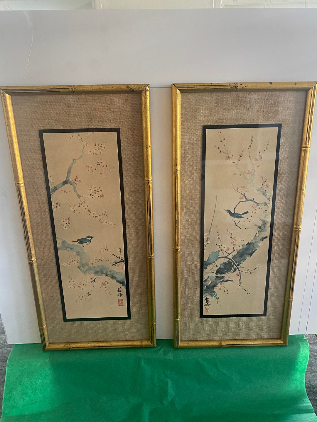 Framed Asian Floral & Bird Wall Art, Pair, Bamboo Frame Design, Asian ...