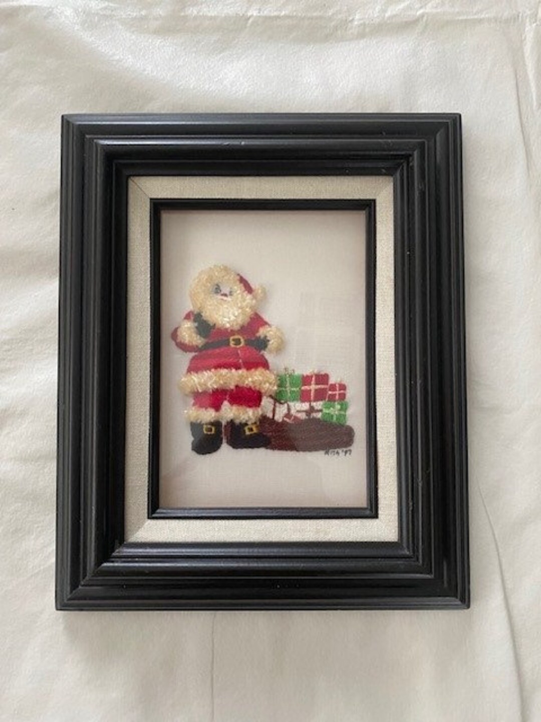 Vintage 1997 Framed Embroidered Santa Claus With Gifts, Vintage ...