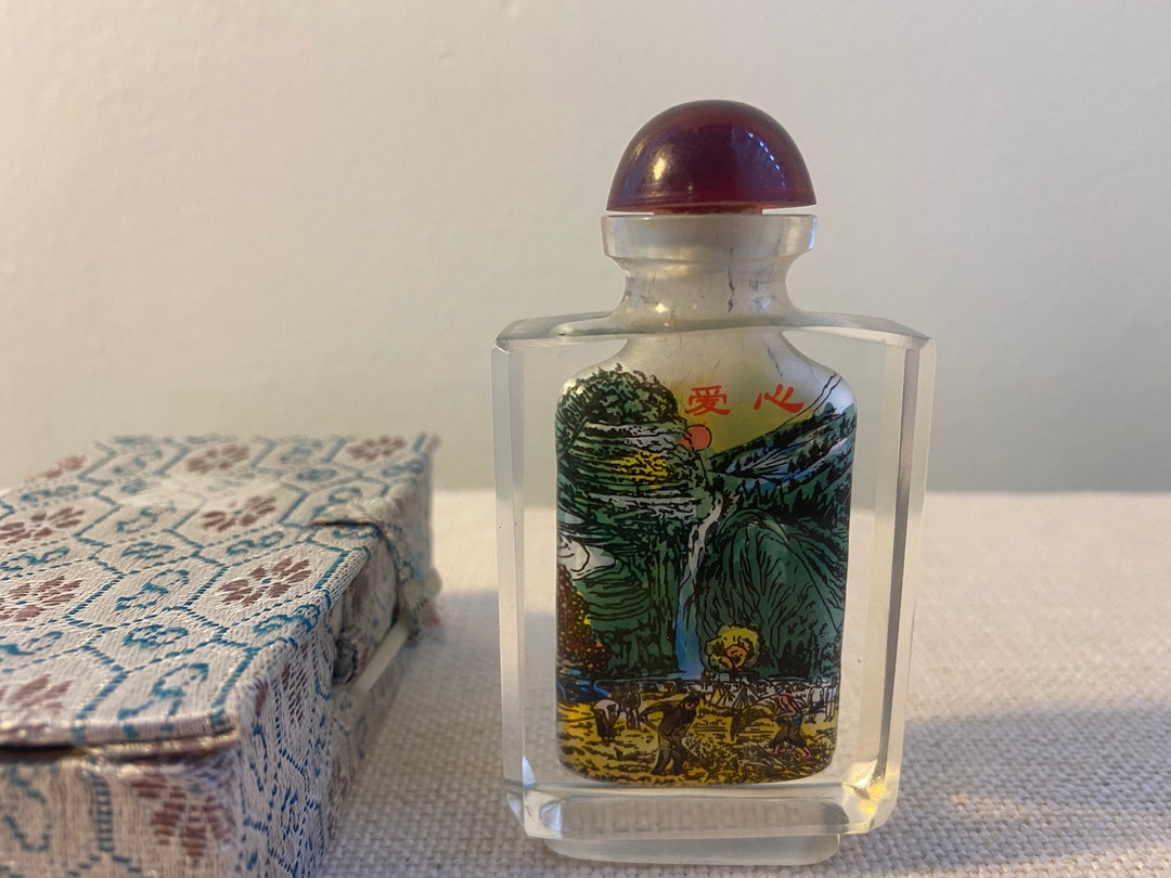 Asian Snuff Glass Jar Reverse Hand Painted Waterfall Scene, Original ...