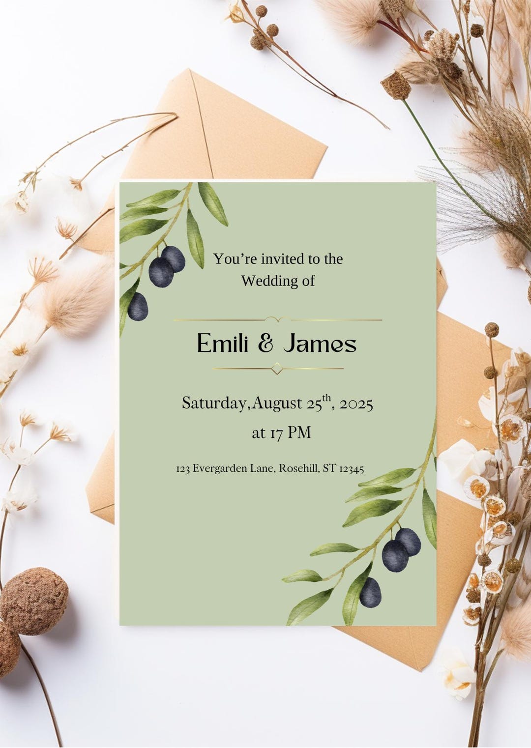 Editable Olive Branch Wedding Invitation Template • Green Canva Invite ...