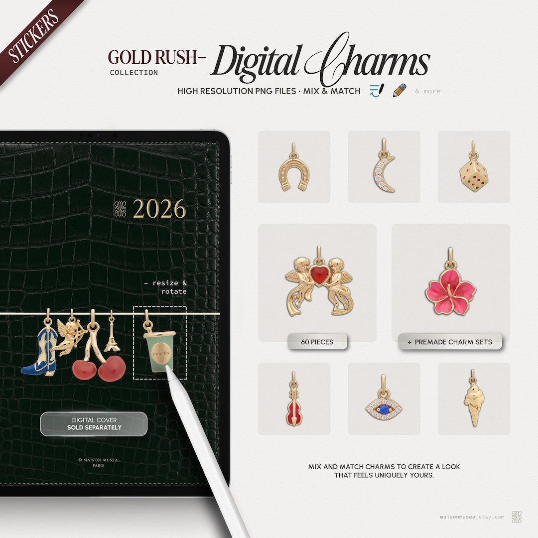 Digital Charms for Goodnotes, Realistic Gold Digital Stickers ...
