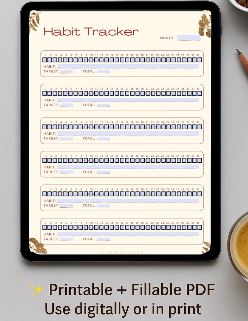 Habit Tracker Printable & Fillable PDF | 31-day Monthly Routine Tracker ...