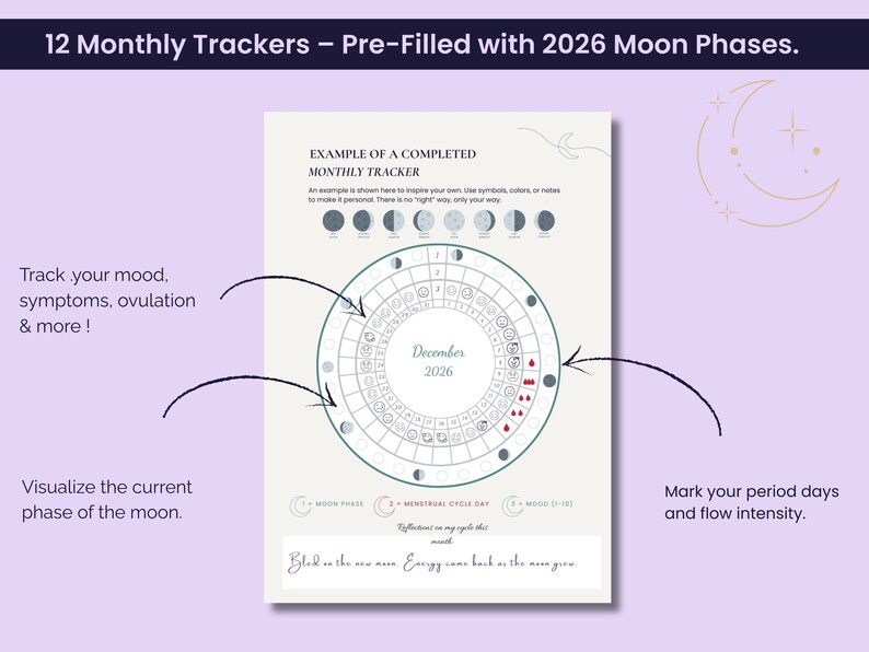 2026 Moon Calendar Printable PDF – Period Tracker Journal – Lunar Phase ...