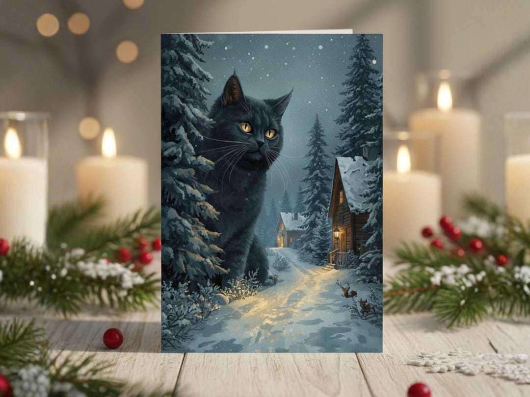 Nordic Yule Cat Printable Card | Black Cat Christmas Greeting | Winter ...