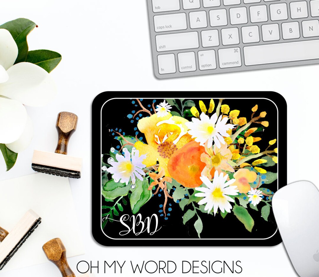 Monogram Mouse Pad-desk Accessories-watercolor Flowers-monograms-mouse ...