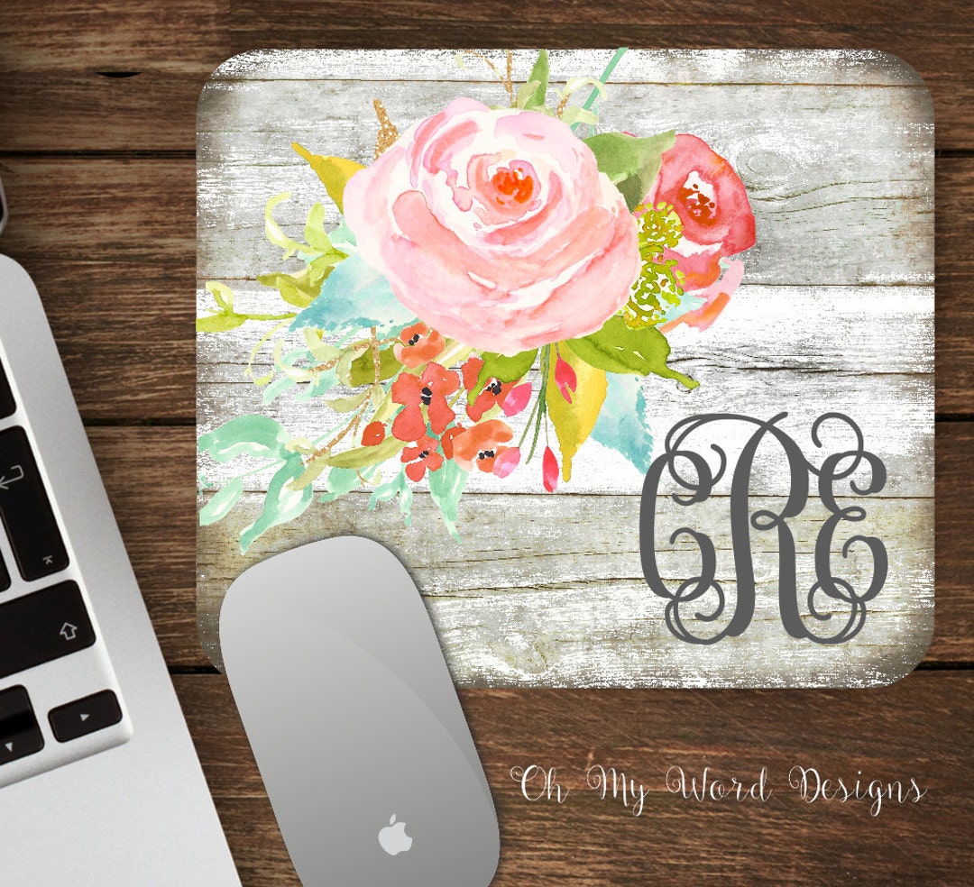 Monogram Mouse Pad-watercolor Floral and Distressed Wood Monogram Mouse ...