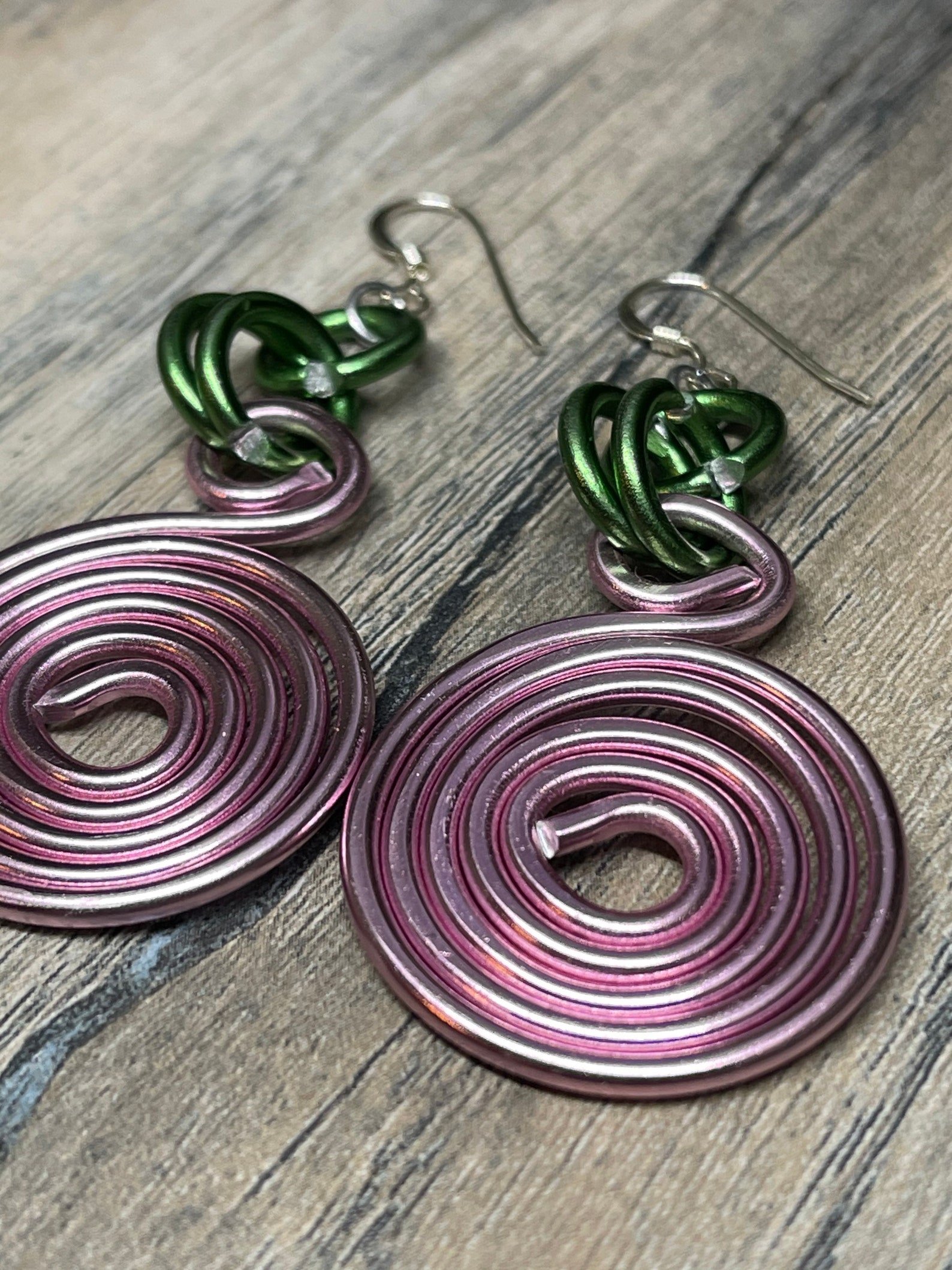 Round Pink and Green AKA Wire Earrings With Sterling Silver Ear Wire - Etsy