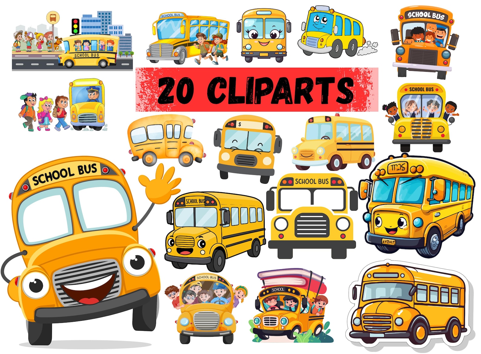 School Bus Clipart Bundle PNG | Cartoon Transportation Graphics for ...