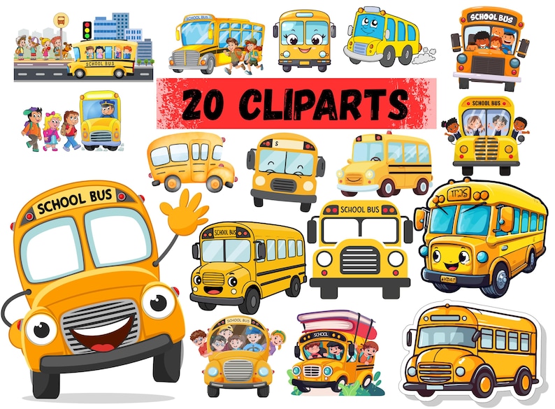 School Bus Clipart Bundle PNG | Cartoon Transportation Graphics for ...