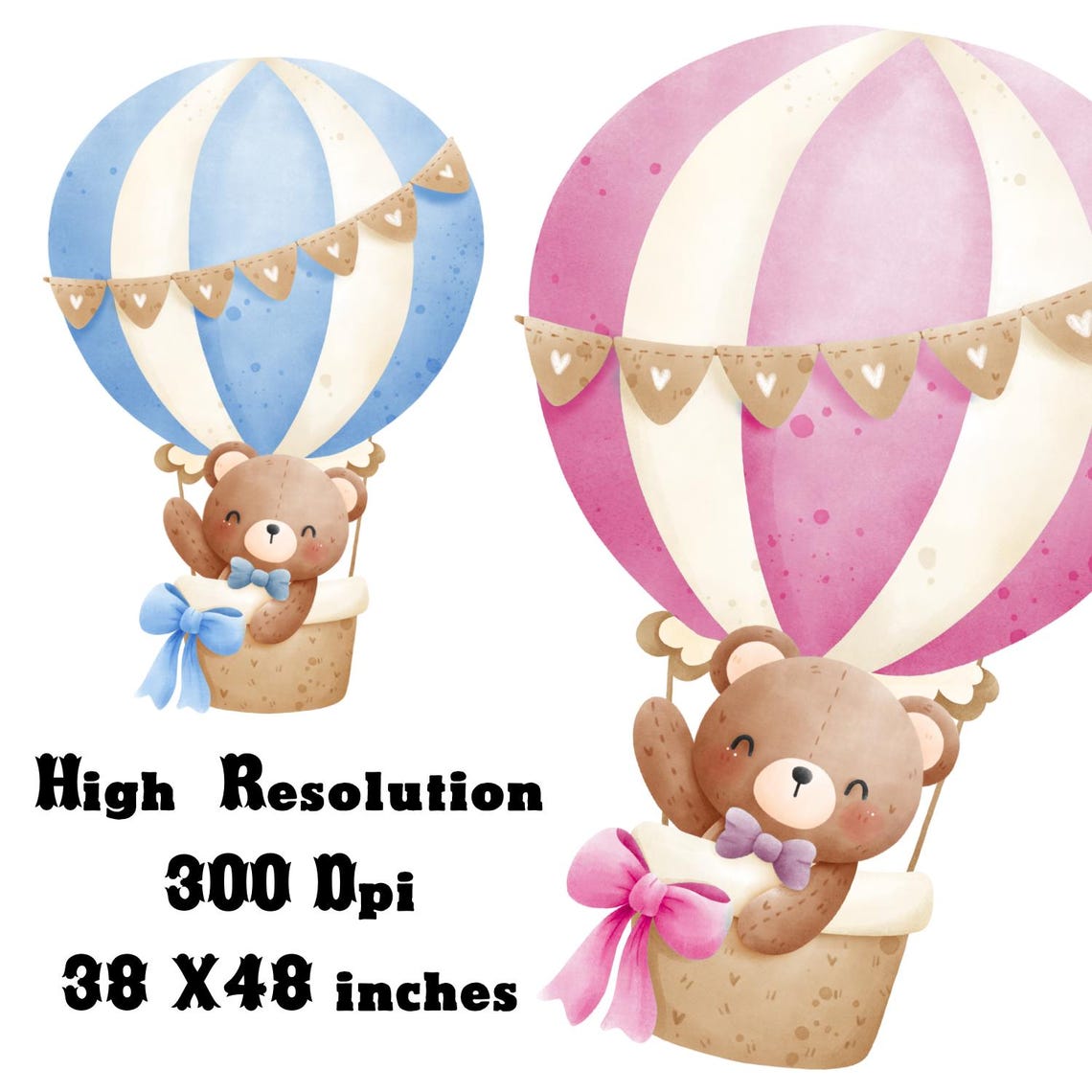 Watercolor Teddy Bear Hot Air Balloon Clipart: Pink & Blue Nursery ...