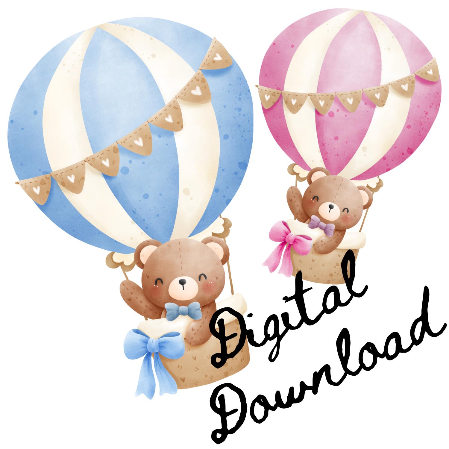 Watercolor Teddy Bear Hot Air Balloon Clipart PNG Pink & Blue Baby ...