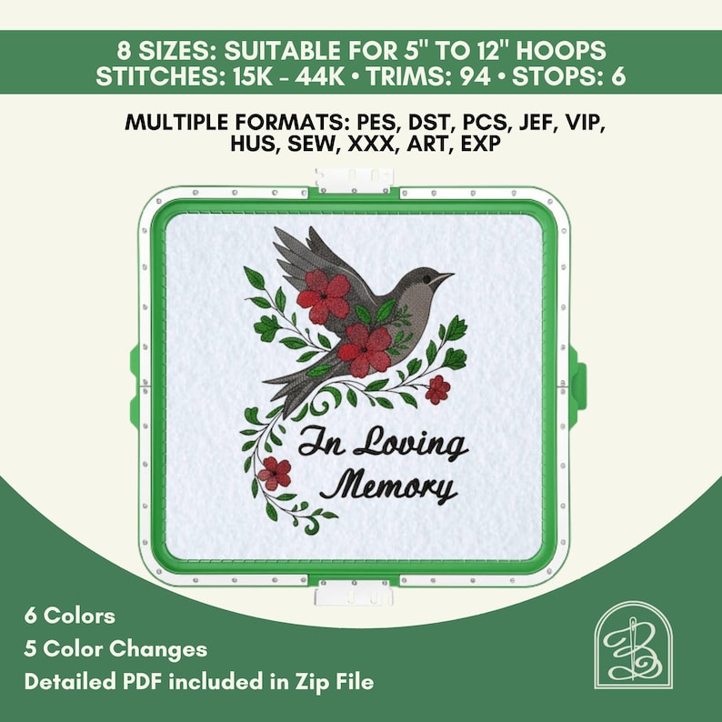 In Loving Memory Embroidery Design Memorial Keepsake Pattern Funeral ...