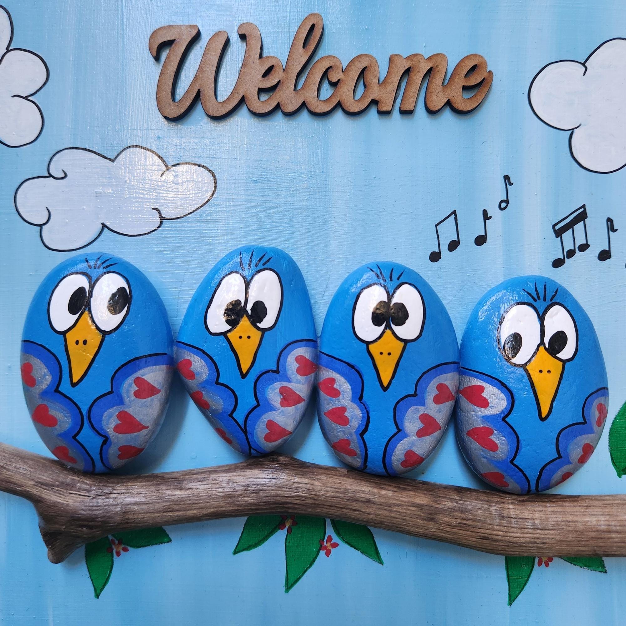 Painted Stone Bird Family Welcome Sign –outdoor and Gardening Handmade ...