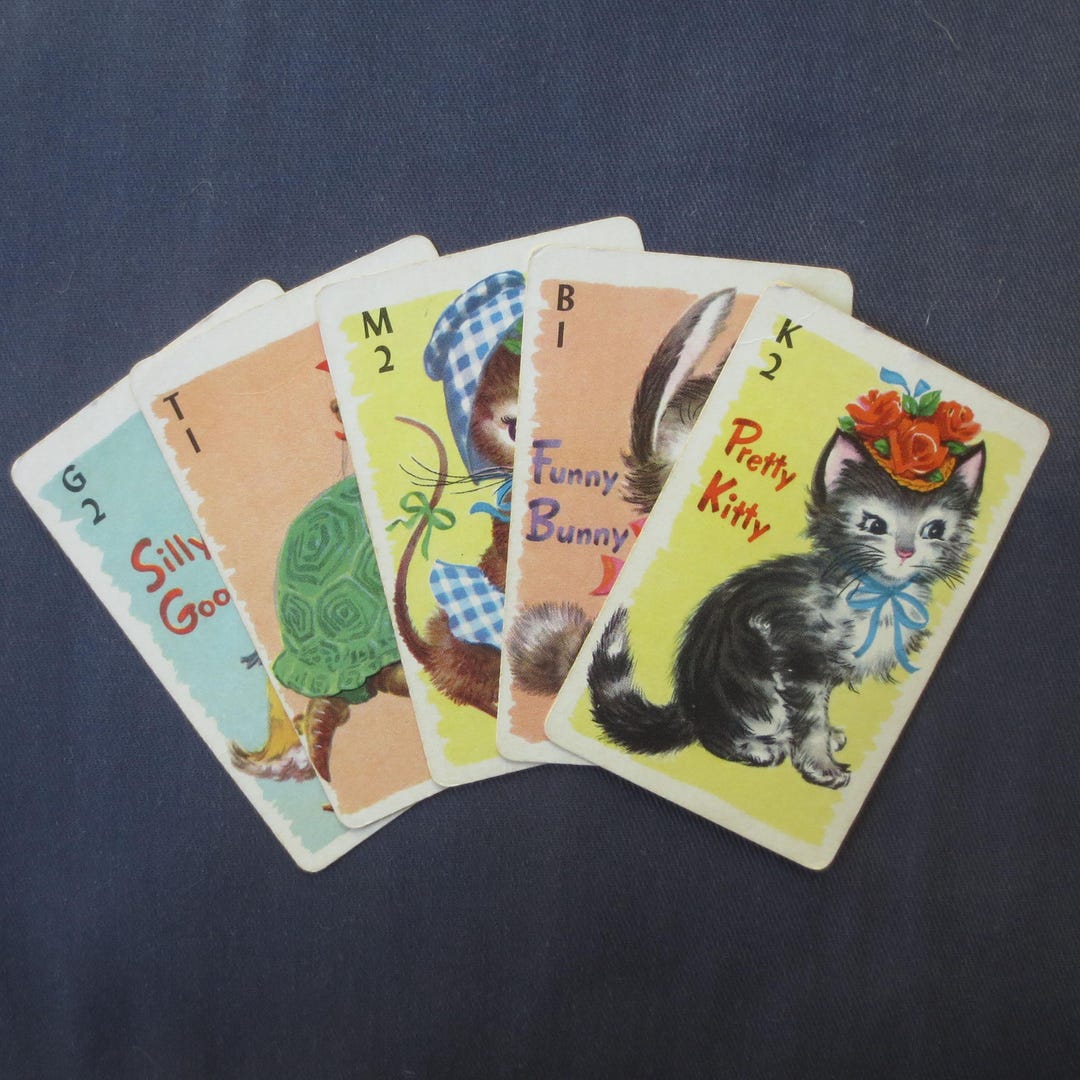5 Cute Animal Rummy Vintage Cards , Whitman - Kitty, Bunny, Mouse ...