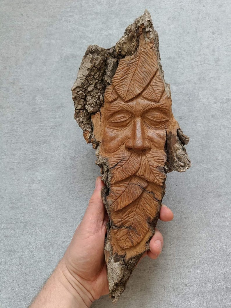 Greenman, Wood Spirit, Face Carving Sculpture, Cottonwood Bark, Home Decor Handmade Woodcarving ...