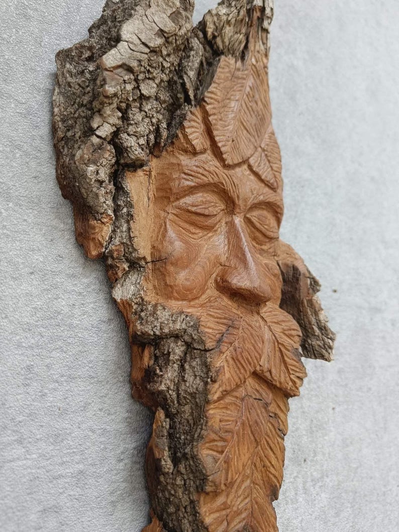 Greenman, Wood Spirit, Face Carving Sculpture, Cottonwood Bark, Home Decor Handmade Woodcarving ...