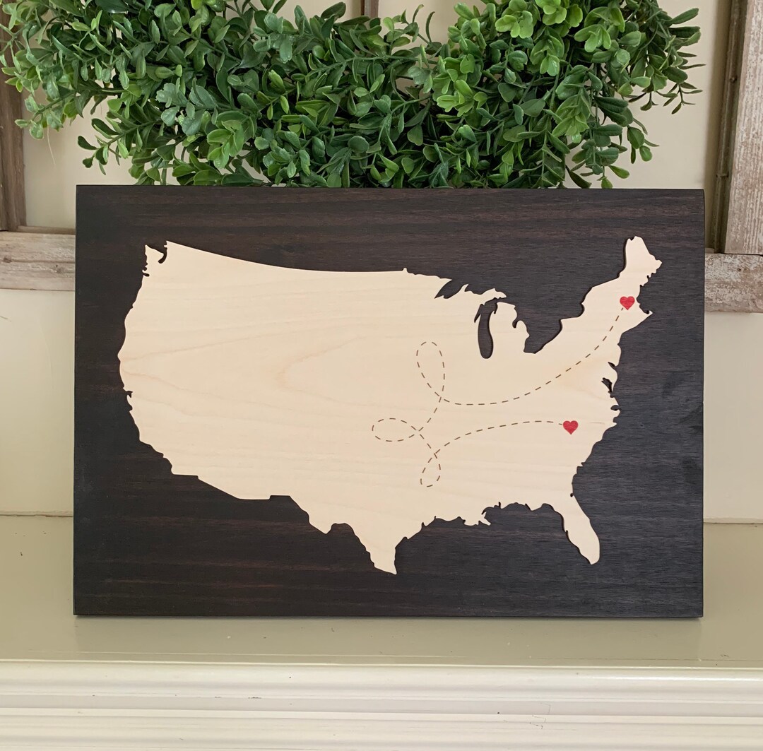 ENGRAVED Custom US Map Sign, Sign With Hearts, Heart and Dashed Line ...