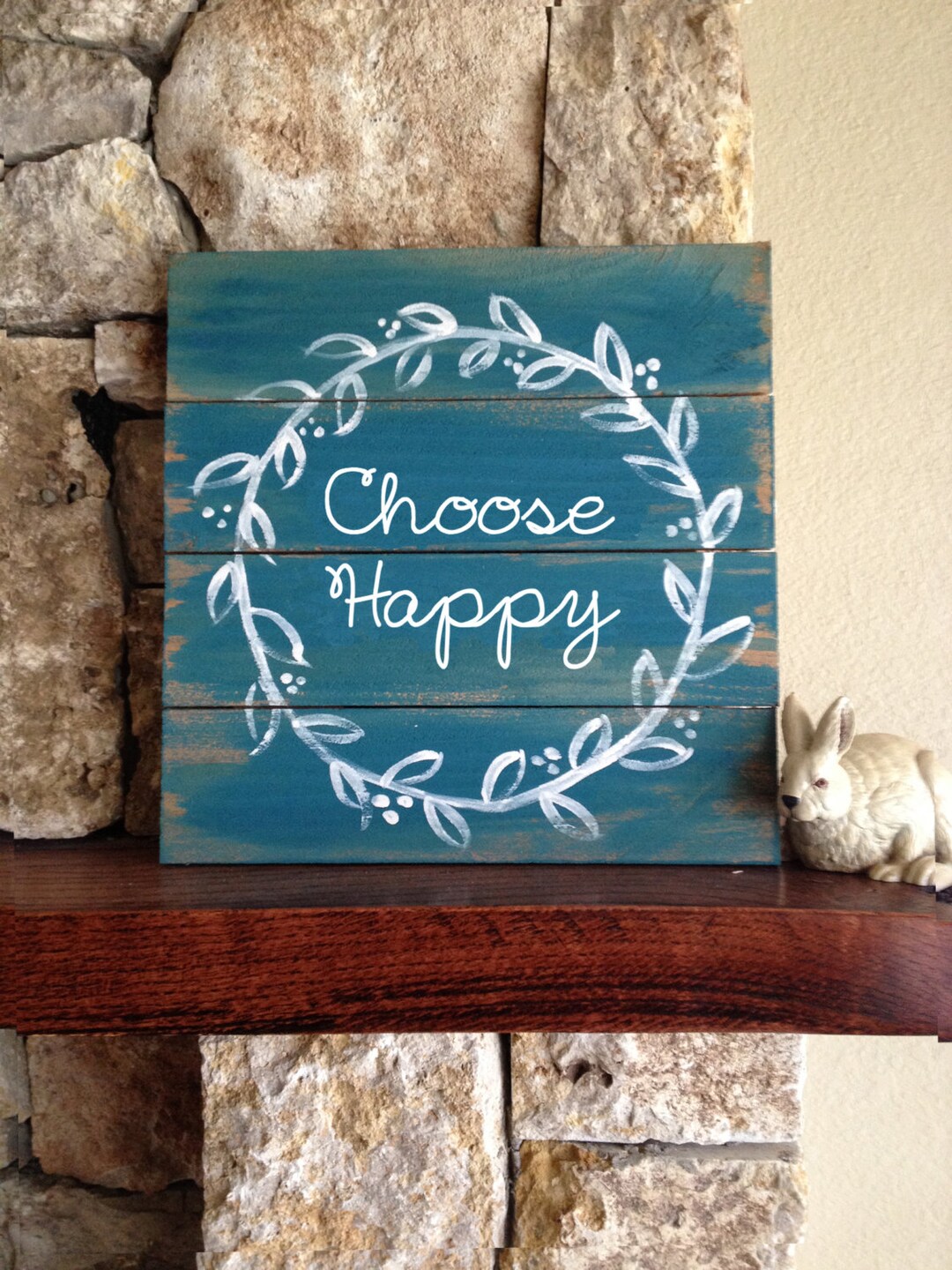 Choose Happy Distressed Wood Sign With Wreath - Etsy