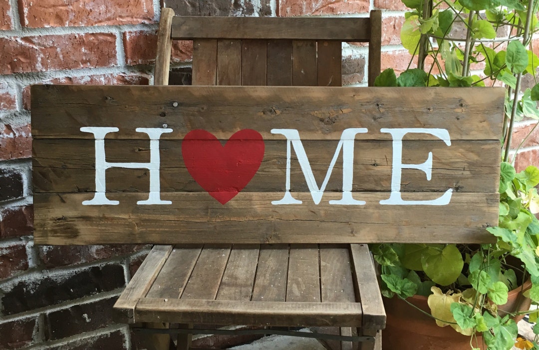 HOME With Red Heart, Reclaimed Wood Sign, I Love Home, Heart Sign, Wood ...
