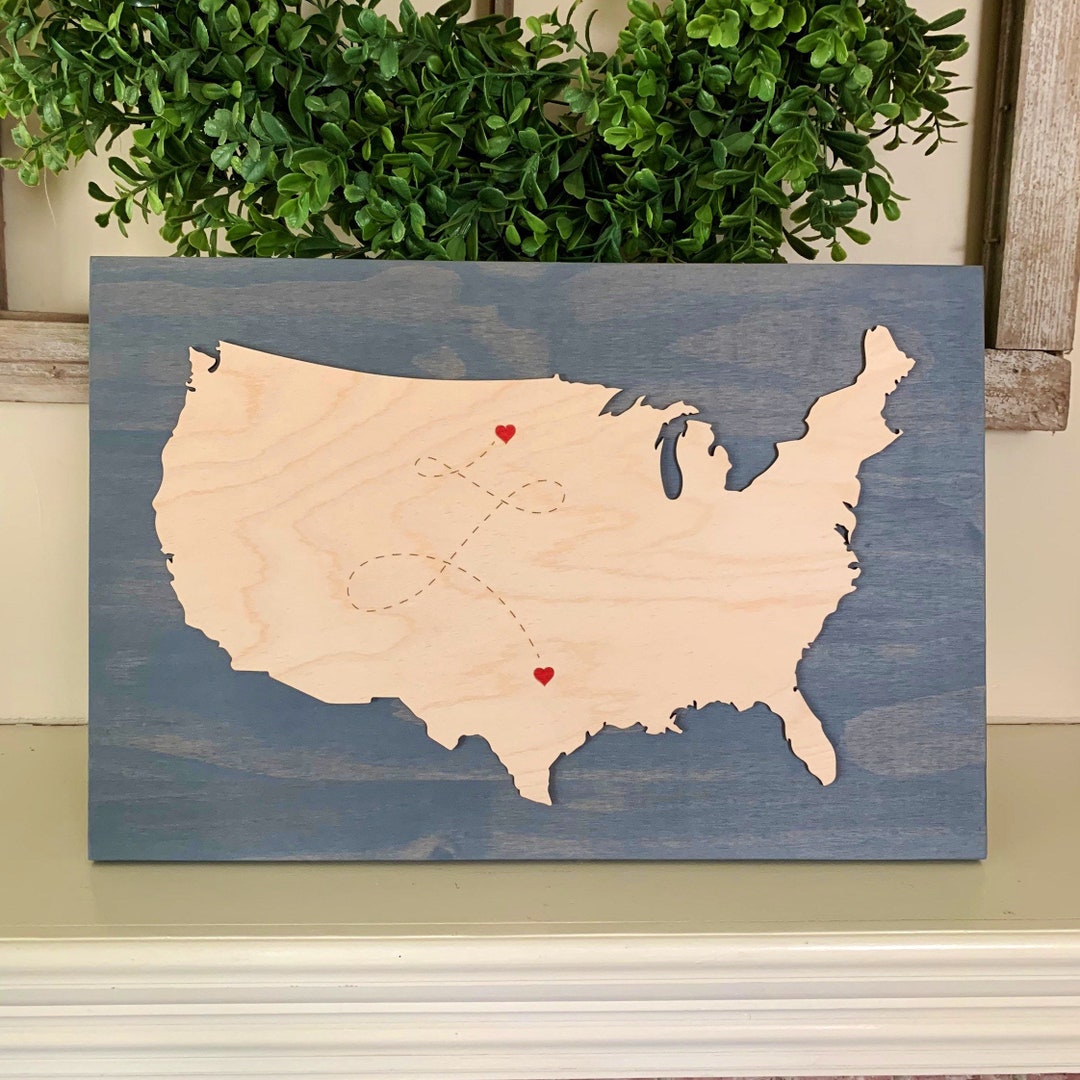 ENGRAVED Custom US Map Sign, Sign With Hearts, Heart and Dashed Line ...