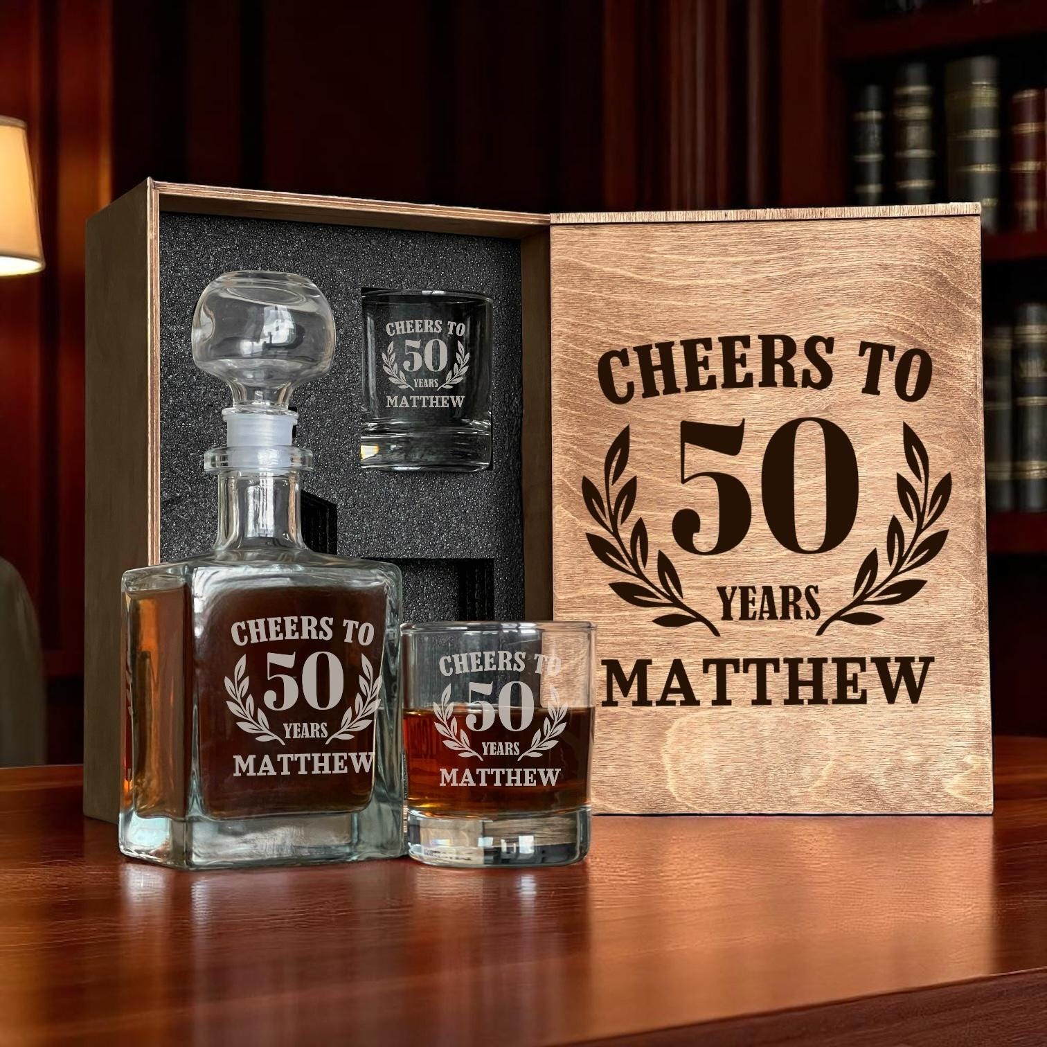 50th Birthday Set, Custom Etched Glass, Whiskey Decanter Set, 1976 ...