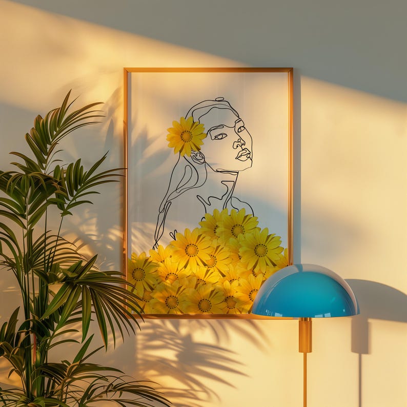 Yellow Flower Line Art Woman Print: Minimalist Botanical Wall Decor ...