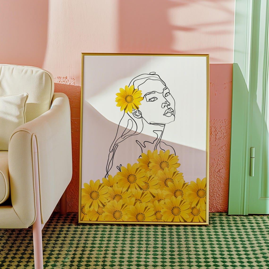 Yellow Flower Line Art Woman Print: Minimalist Botanical Wall Decor ...
