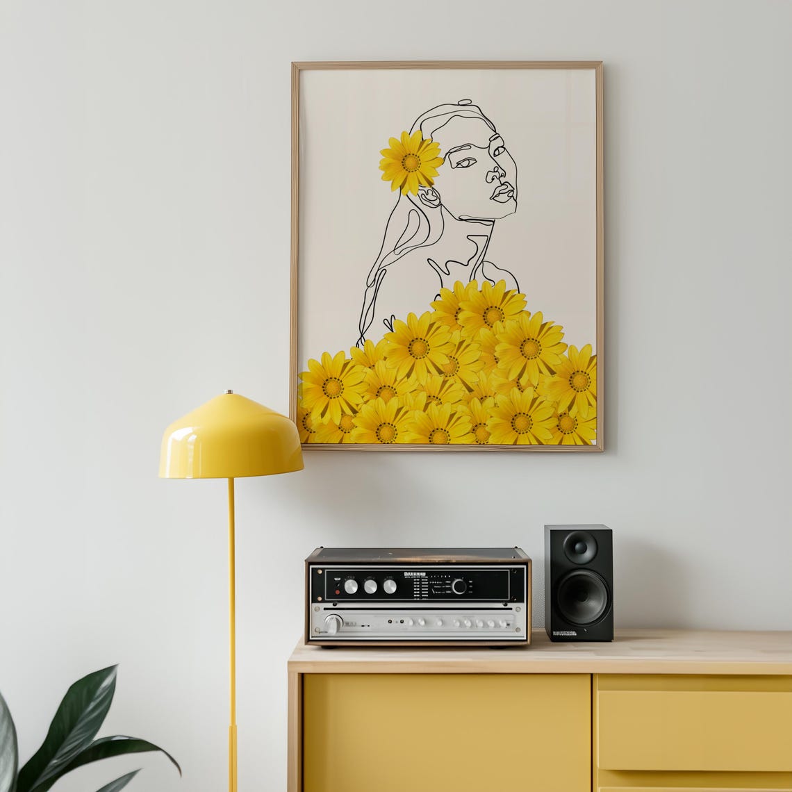 Yellow Flower Line Art Woman Print: Minimalist Botanical Wall Decor ...
