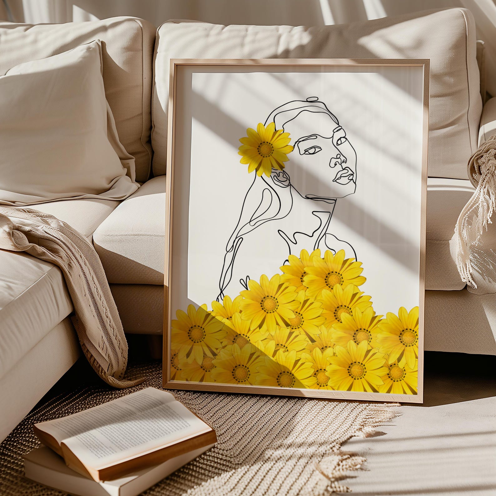 Yellow Flower Line Art Woman Print: Minimalist Botanical Wall Decor ...