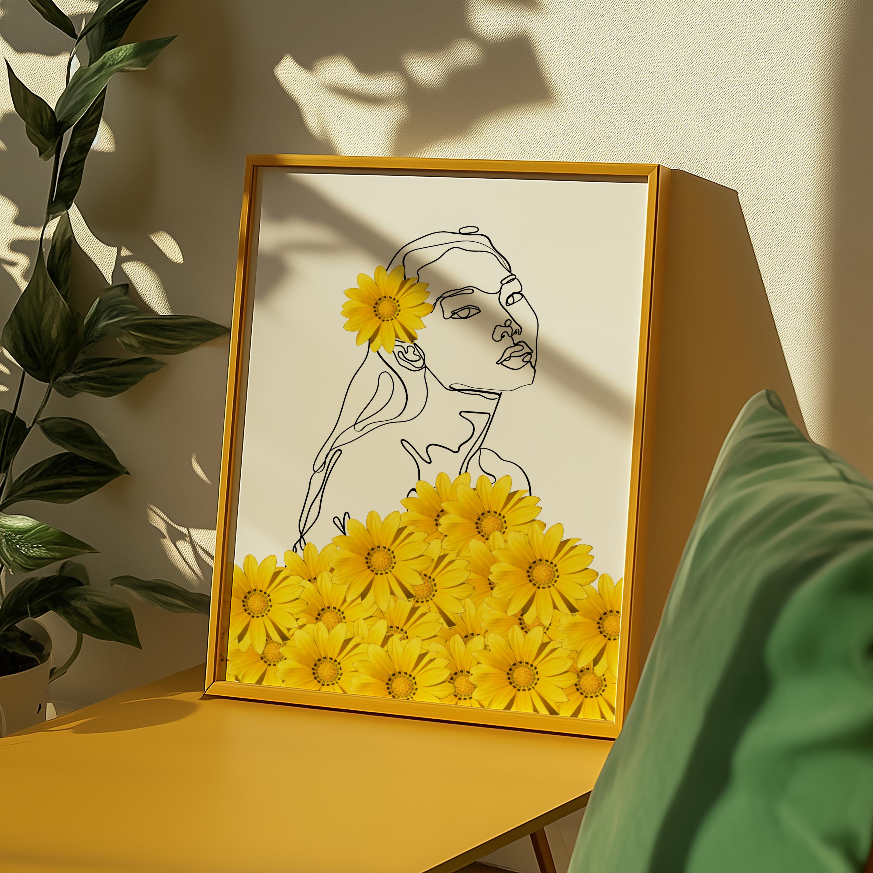 Yellow Flower Line Art Woman Print: Minimalist Botanical Wall Decor ...