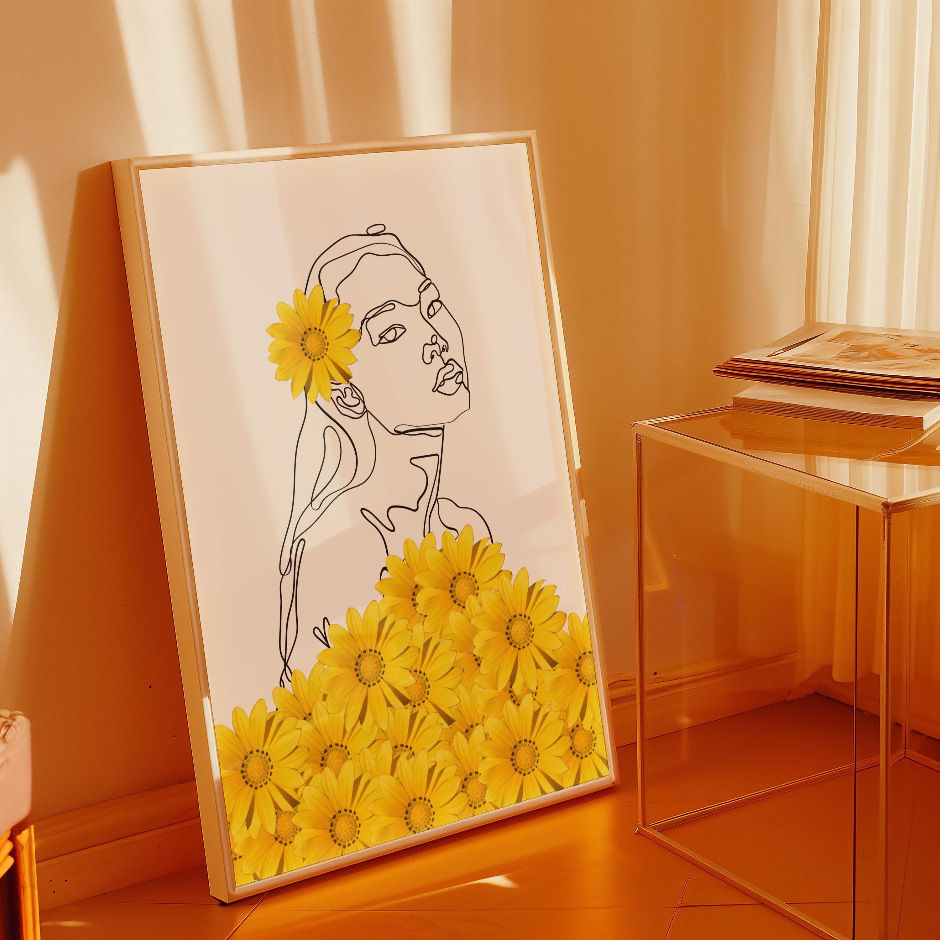 Yellow Flower Line Art Woman Print: Minimalist Botanical Wall Decor ...