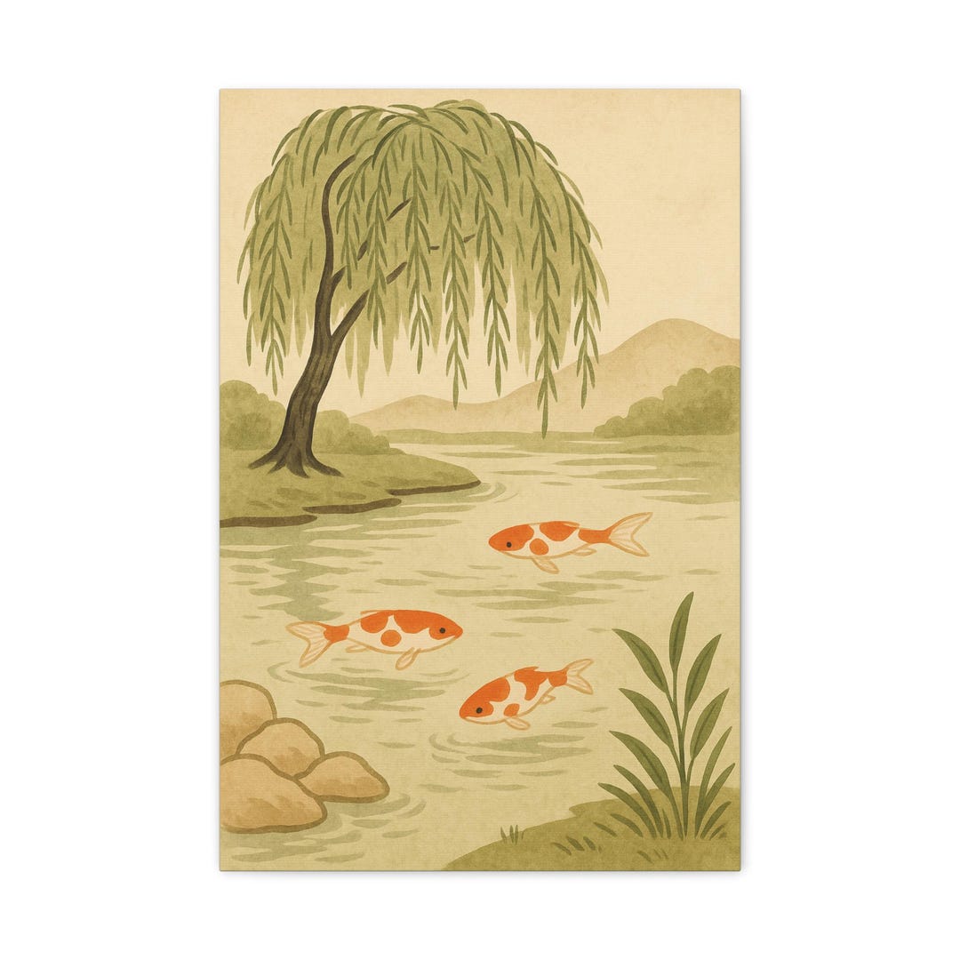 Koi Pond Wall Art - Japanese Willow Tree Print - Serene Nature Canvas ...