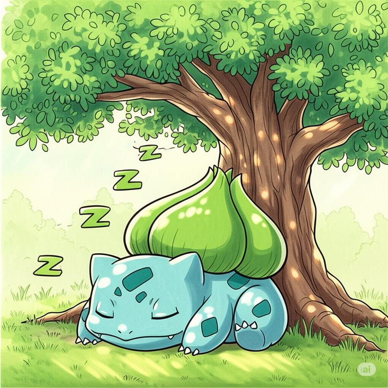 Cute Bulbasaur Sleeping Art Print | Pokemon Nursery Decor | Peaceful ...