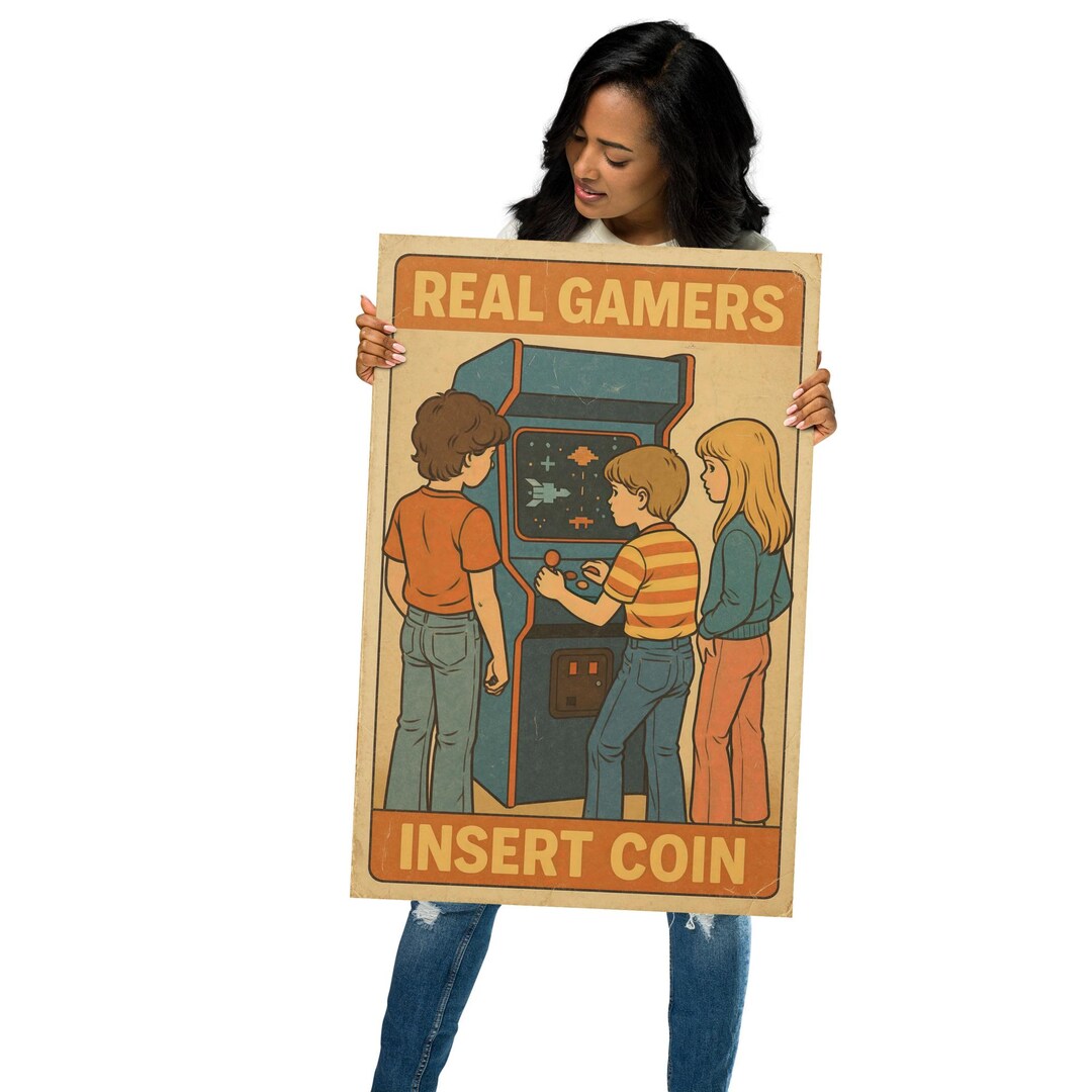 Poster: "real Gamers Insert Coin" Arcade Machine, Retro, Anime, Vintage ...