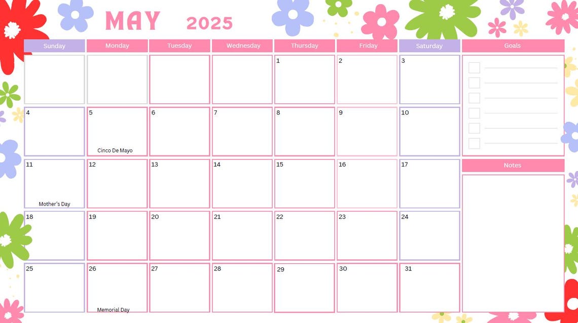 May 2025 Planner Calendar Flowers Spring Pink Green Red - Etsy