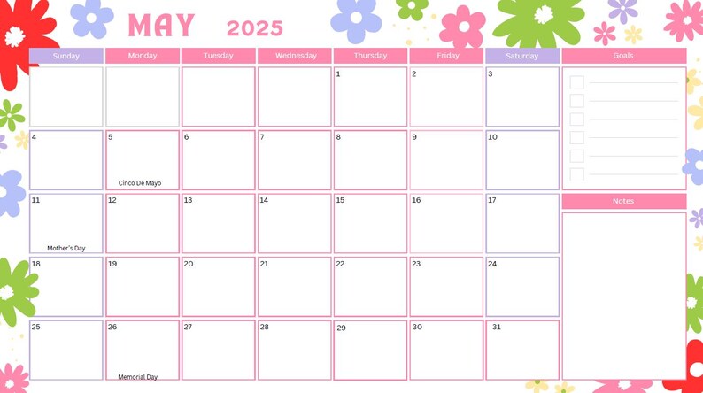May 2025 Planner Calendar Flowers Spring Pink Green Red - Etsy